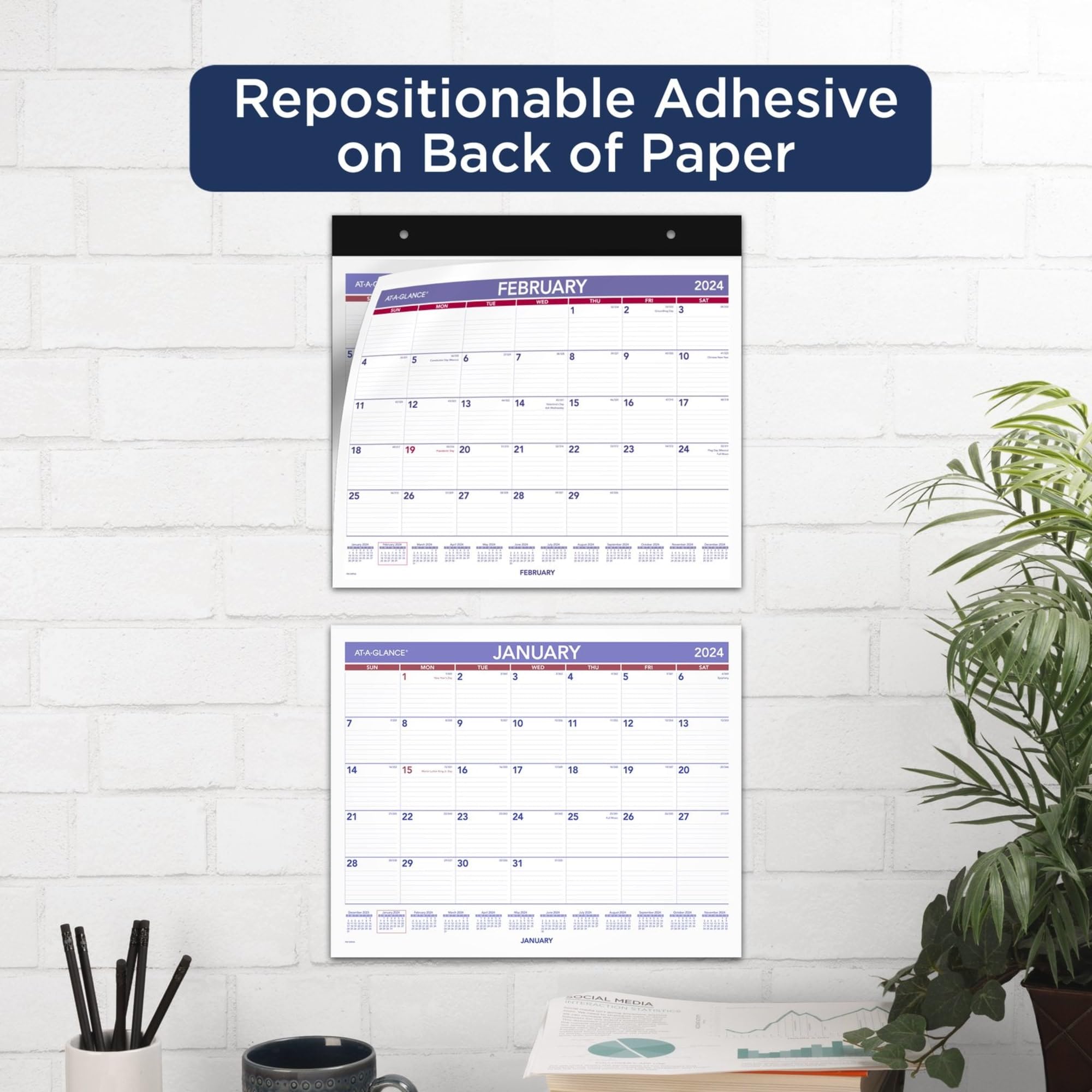 2024 AT-A-GLANCEĀ® Repositionable Horizontal Wall Calendar With Adhesive Backing, 15" x 12", January To December 2024, PM15RP28