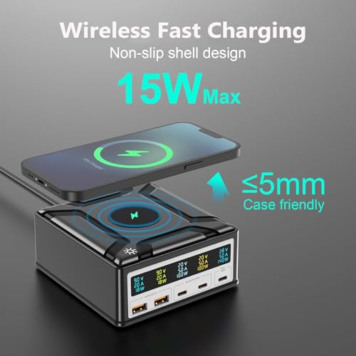 260W USB C GaN Charger, Ubigbuy 140W 5-Port PD3.1 USB C Charging Station,Desktop Wireless USB C Laptop Charger Portable Travel USB C Power Adapter Block for MacBook Pro Air iPad Pro iPhone Samsung