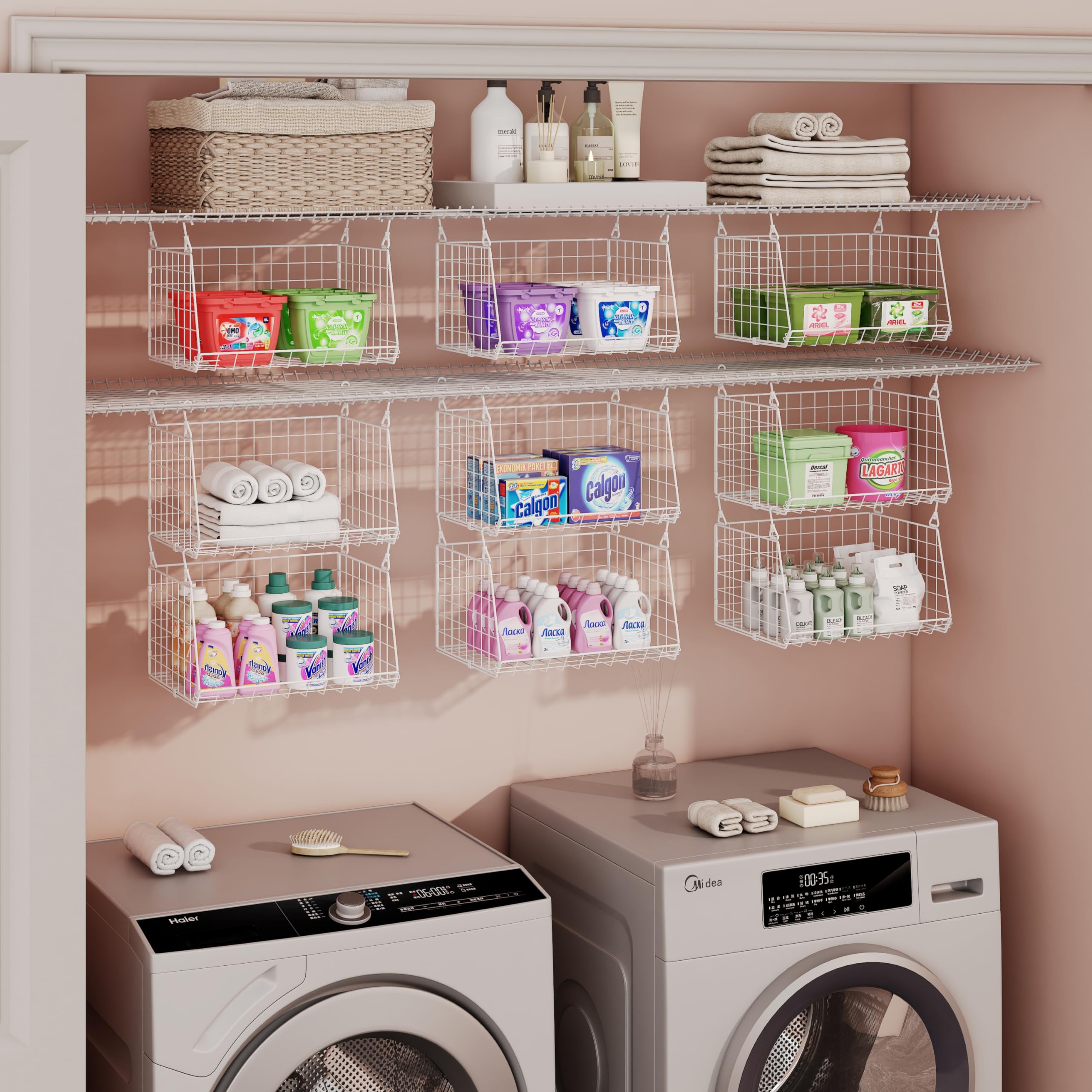 3-Tier Hanging Laundry Basket Organizer:Foldable Wire Shelf Laundry Room Organizer with 360°Rotating Hooks Space Saving Over Washer and Dryer Shelves - Metal laundry organization and storage, white