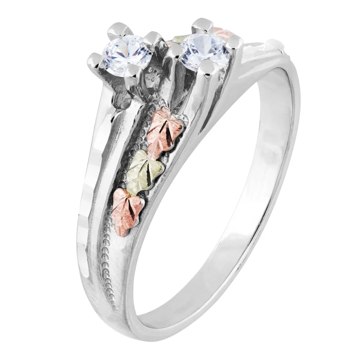 2 Stone CZ Ring, Sterling Silver, 12k Green and Rose Gold Black Hills Gold Motif, Size 7