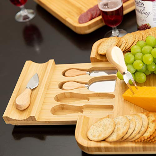 Frux Cheese Board and Knife Set. Wood Charcuterie Board Set, A Perfect Serving Platter for Meat, Cheese, Crackers and Wine. All Natural Bamboo with 4 Stainless Steel Cheese Knives and Server.