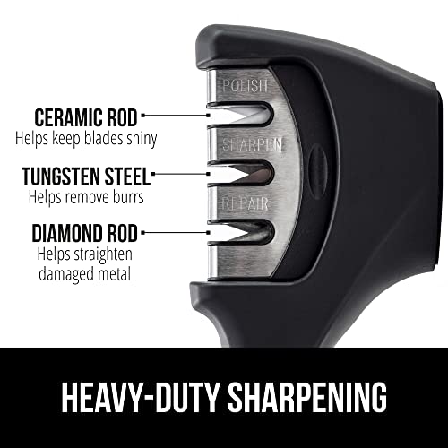 Gorilla Grip Easy to Use Knife Sharpener, 3 Sharpening Options to Help Polish, Sharpen and Repair Kitchen Knives, Restore Dull Blades, Slip Resistant Handle, Professional Chef Quality, Jet Black