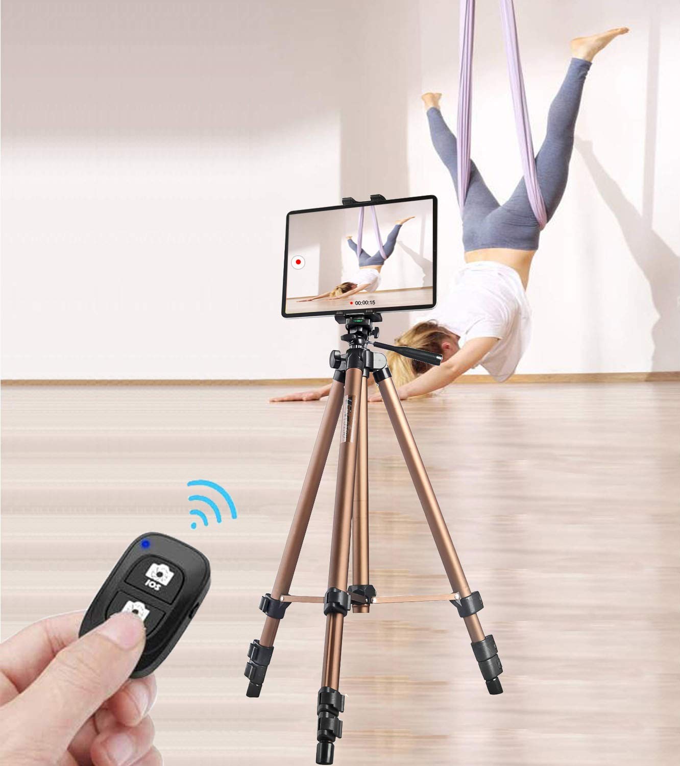 IPad Tripod Stand Universal Tablet Phone Mount Holder 51in Lightweight with Bluetooth Remote for iPad Pro 12.9 11 10.5,iPad Air Mini,Surface Tab,Galaxy Tab and 3.5 to 13.5in iPhone Tablet - Champagne