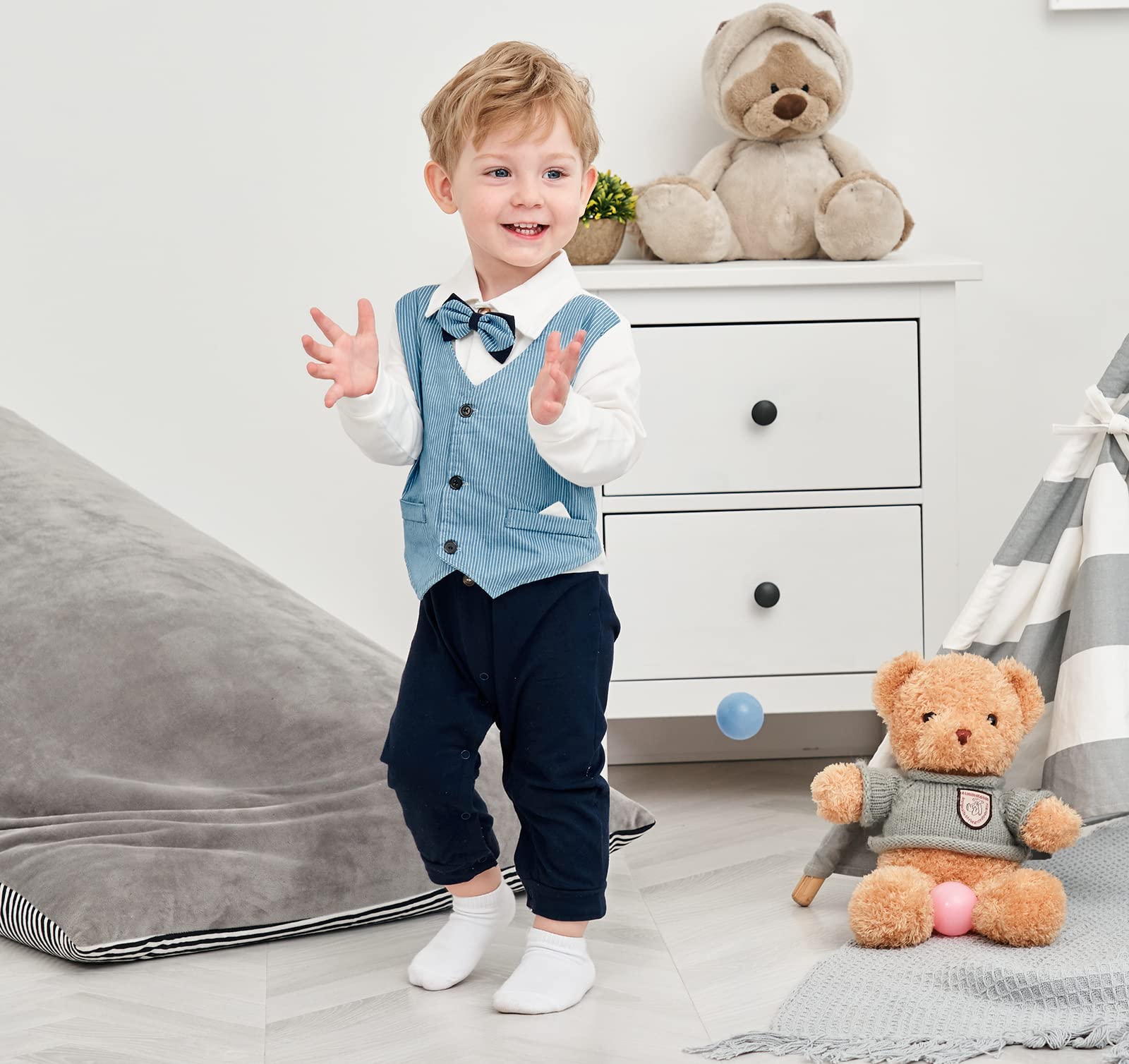 Feidoog Newborn Gentleman One Piece Long Sleeve Baby Boys Gentleman Formal Tuxedo Outfit Suit,Blue,0-3M
