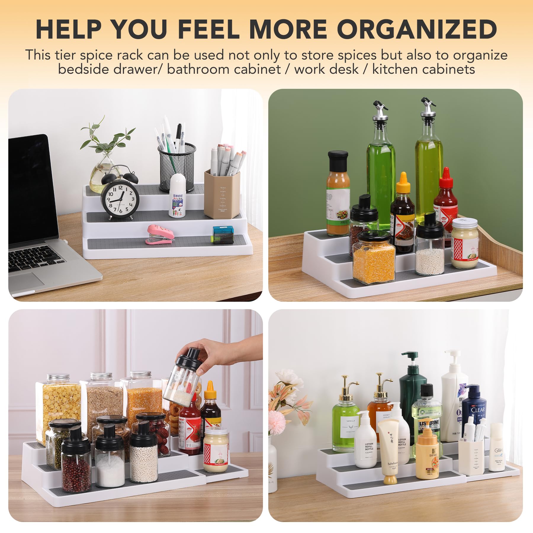 3-Tier Spice Rack, Plastic Spice Rack Organizer for Cabinet, Non-Skid Spice Shelf Organizer for Kitchen Cabinet, Countertop or Pantry, 3 Pack, White/Grey
