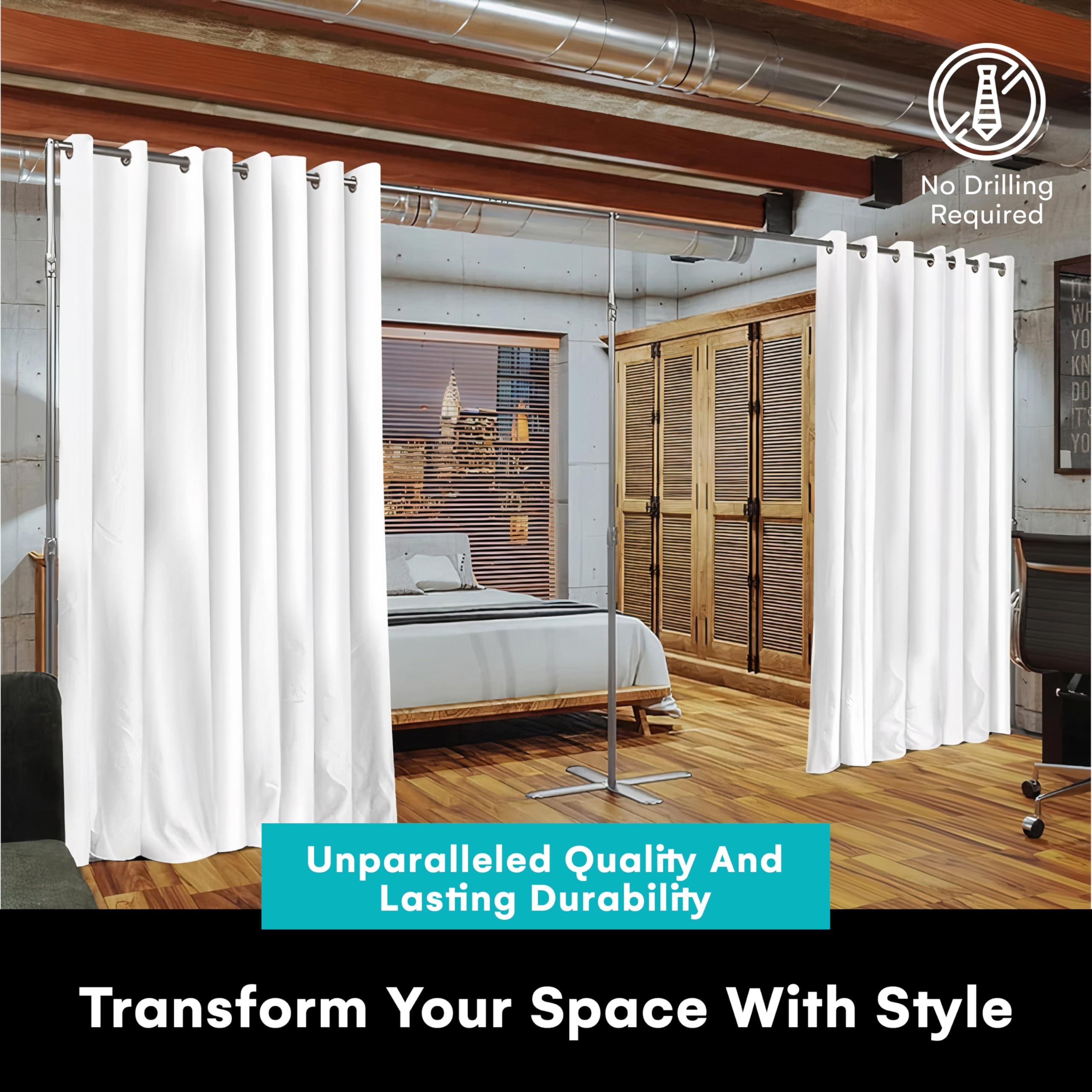 Adjustable Room Divider Rod - 7ft 6in to 12ft Wide, Silver - Perfect for Studio Apartments, Offices, and Bedrooms - Retractable and Freestanding