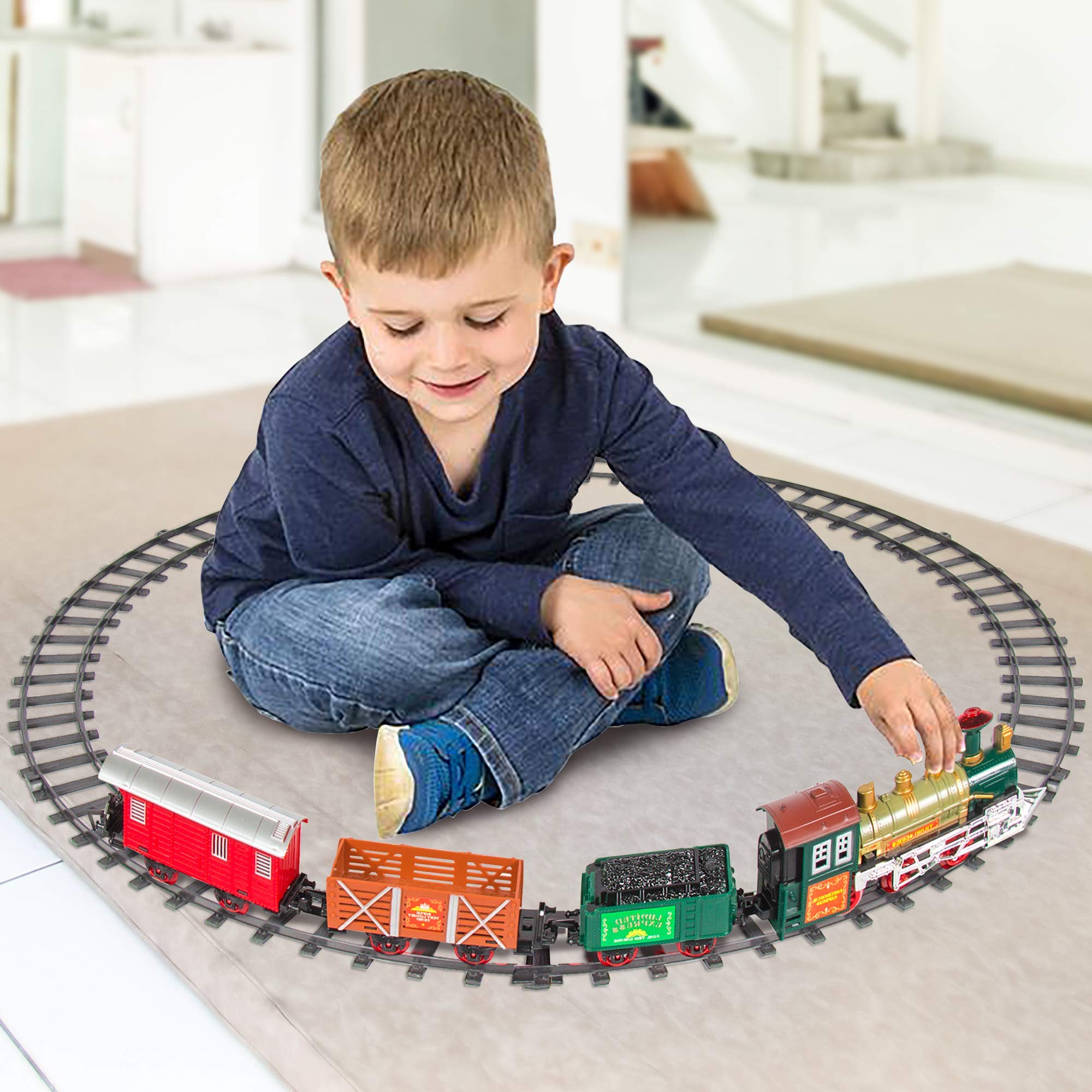 ArtCreativity Kids Train Set - Electric Train Set with Lights & Sound, Battery-Operated Train Toy with 4 Cars and Tracks - Christmas Train Sets for Around The Tree, Great Gift Idea for Boys and Girls