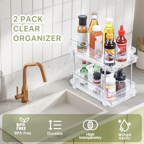2 Tier Clear Bathroom Storage Organizer with Dividers and Pull Out Shelves - Under Sink Cabinet Organizer for Kitchen, Pantry, Vanity and Medicine Cabinet