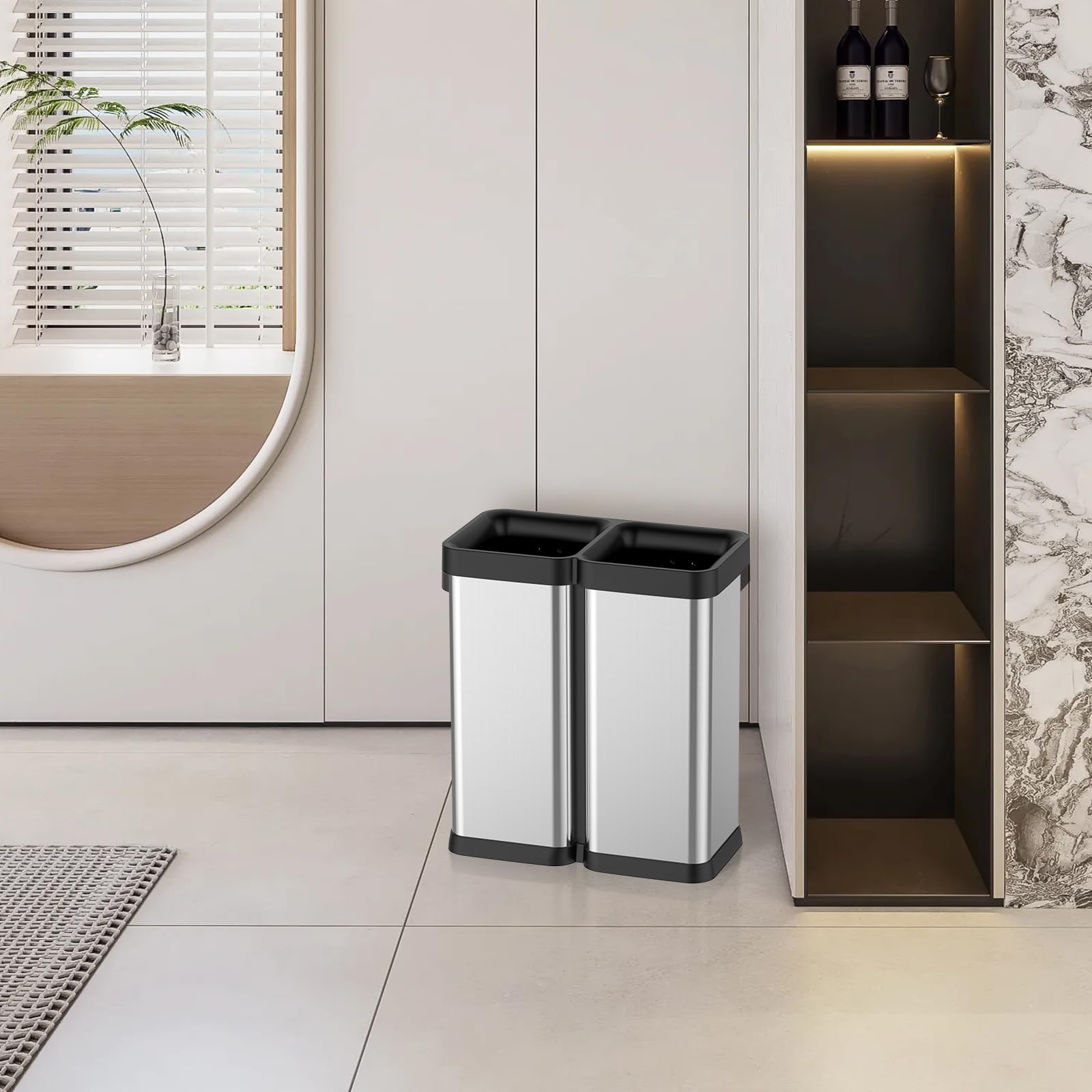 60 Liter / 16 Gallon Dual Compartment Trash can, Stainless Steel Garbage Can, Open Top Kitchen Waste Bin