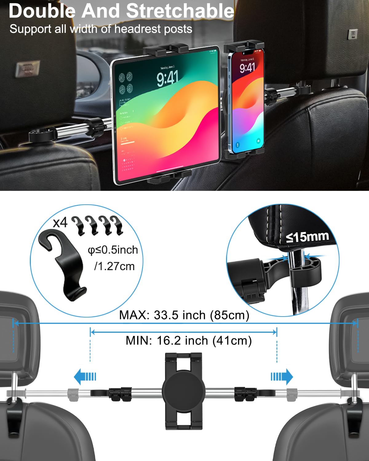 woleyi Car Headrest Tablet Holder Mount - [Anti Shake & Stretchable] Tablet Holder Back Seat for Car Between Kids Stand, for iPad Pro Air Mini, Galaxy Tab, Kindle Fire, Switch, iPhone, 4.7-13" Devices