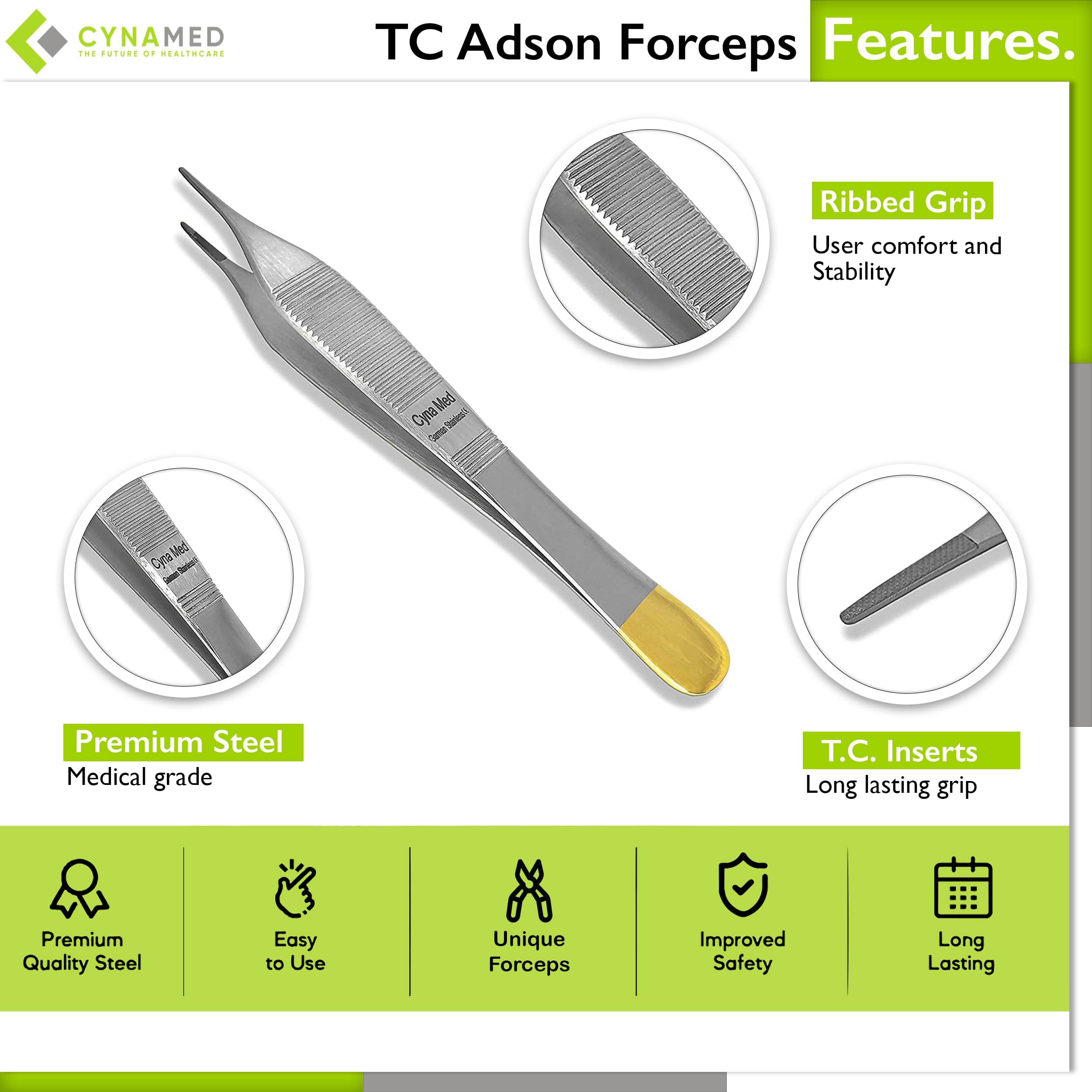 Cynamed T/C Adson Plastic Surgery Forceps 4.75" Straight Fine Point with Tungsten Carbide Inserts Surgical Veterinary Instruments with Gold Handle (Serrated Tips, Adson Dressing Forceps, TC)