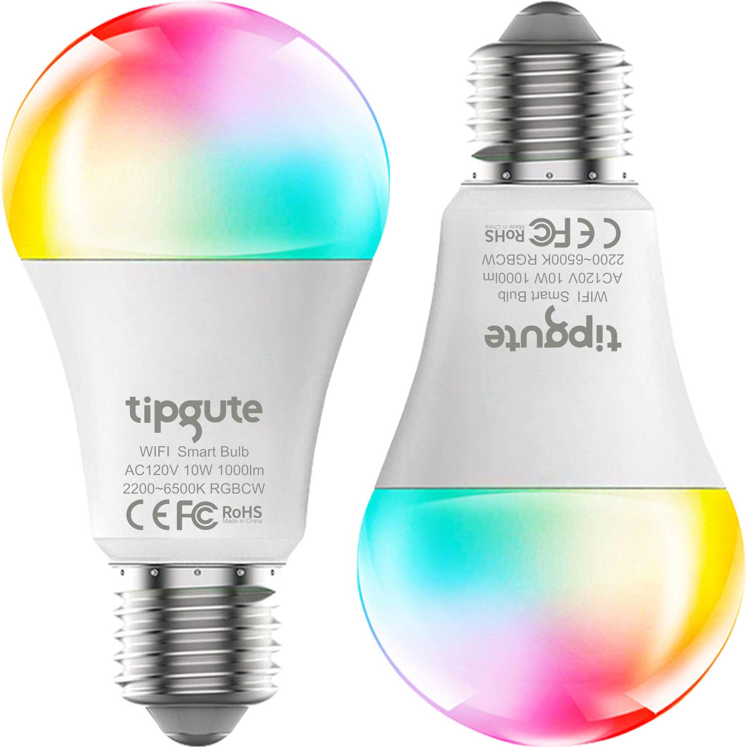 2 Packs Smart Bulb 1000LM 10W(100W Equivalent)RGB 2200-6500K Dimmable WiFi LED Light Bulb No Hub Required Work with Alexa Echo Google home Siri Tuya Smart life Full Color Changing A19 E26 LED Bulb