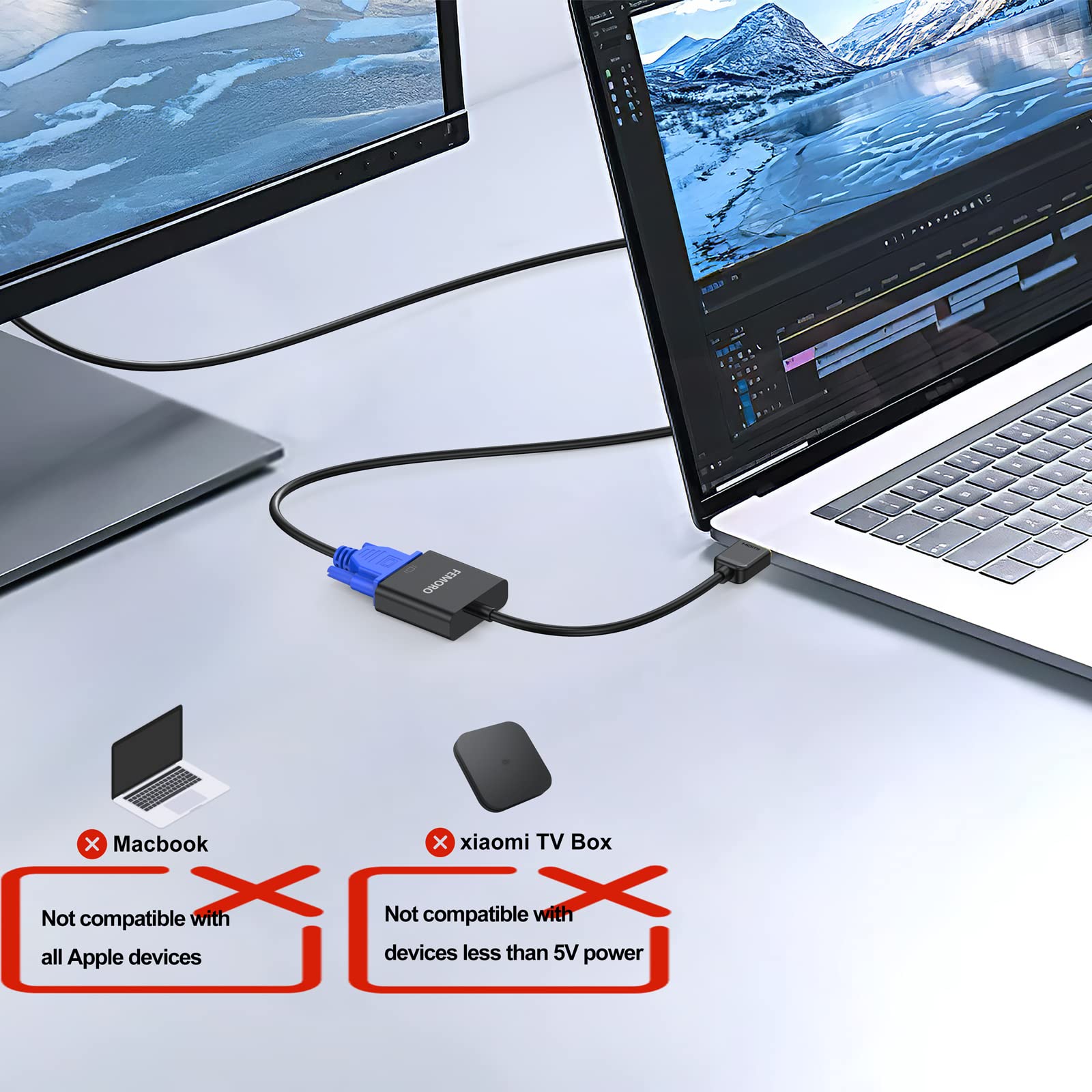 FEMORO HDMI to VGA Adapter Converter 5-Pack (Male to Female) for Computer, Desktop, Laptop, PC, Monitor, Projector, HDTV, Chromebook, Raspberry Pi, Roku, Xbox and More - Black