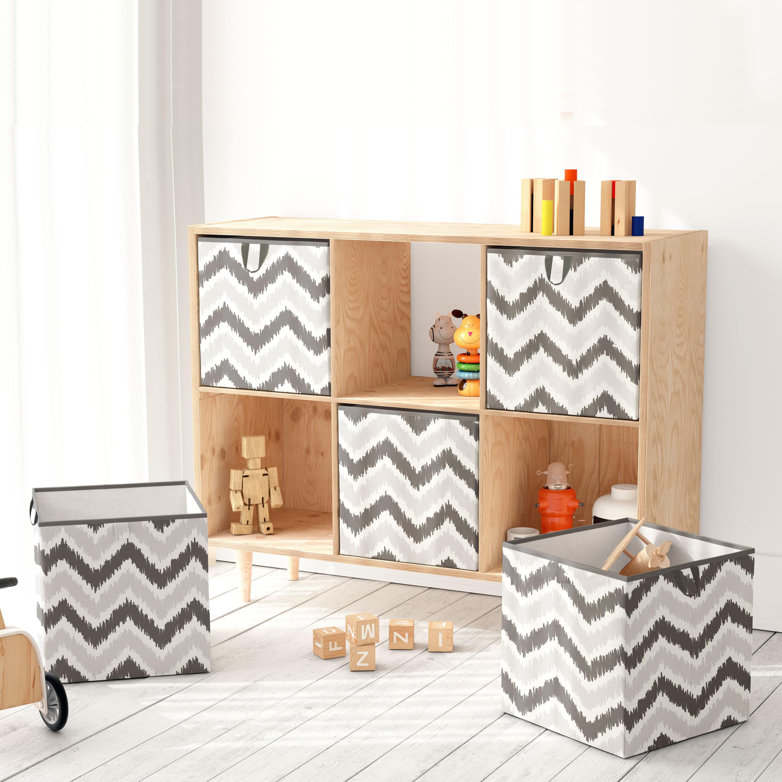 Bacati - Large Storage Tote Mix N Match Ikat Chevron/Dots Grey 14 x 14 x 10 inches