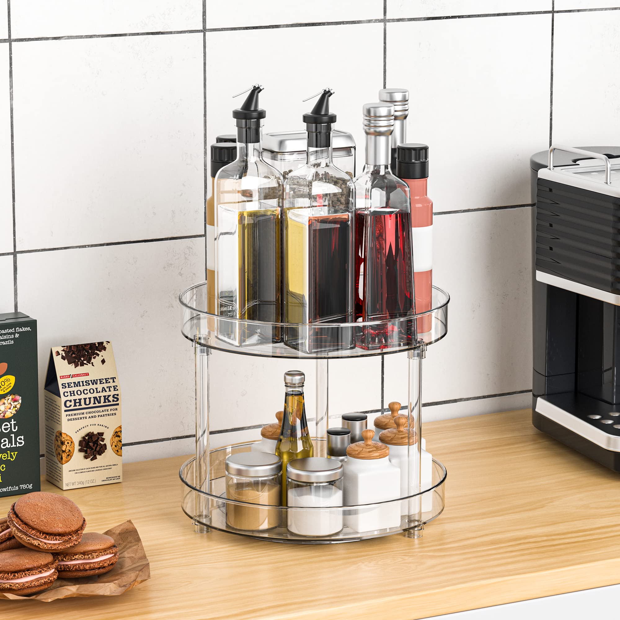 2 Tier Lazy Susan Organizer,Clear Plastic Lazy Susan Turntable for Cabinet,Rotating Lazy Susan Spice Rack Cabinet Organizer for Kitchen,Table,Refrigerator,Pantry,Bathroom
