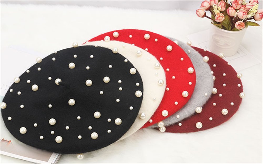 2021 Vintage Pearl Wool Beret Hat Lady Fashion Artist Hat (White)
