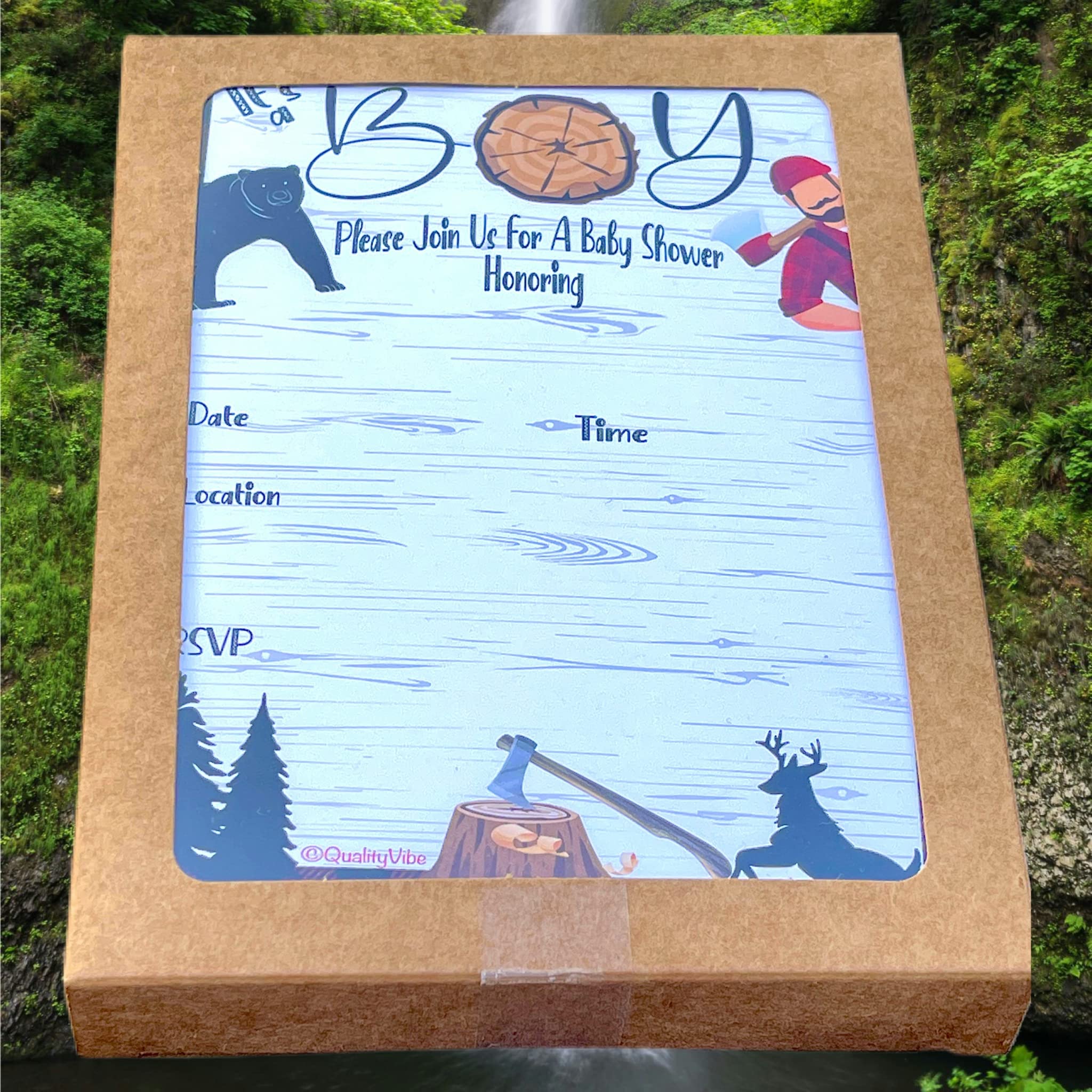 25 Lumberjack Baby Shower Invitations With Envelopes, Deer, Axe & Wood Background. Thick & Non Coated Cardstock For Use With Any Pen.