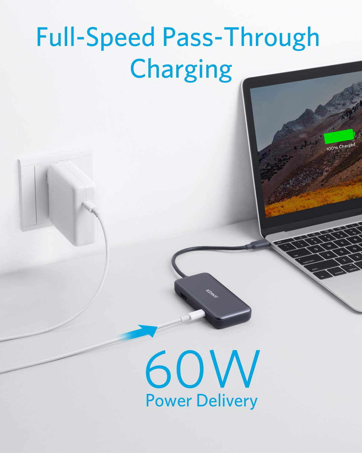 Anker USB C Hub, 4-in-1 USB C Adapter, with 4K USB C to HDMI, 2 USB 3.0 Ports, 60W Power Delivery Charging Port for MacBook Pro 2016/2017/2018, ChromeBook, XPS, and More (Space Grey)