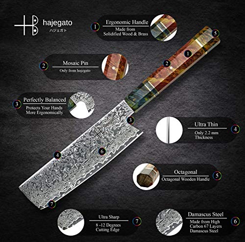 hajegato Damascus Chef Knife Unique One of Kind Handle Professional Japanese Chefs Kitchen Knife Vg10 67 Layers Damascus Steel Knive (Nakiri 7")