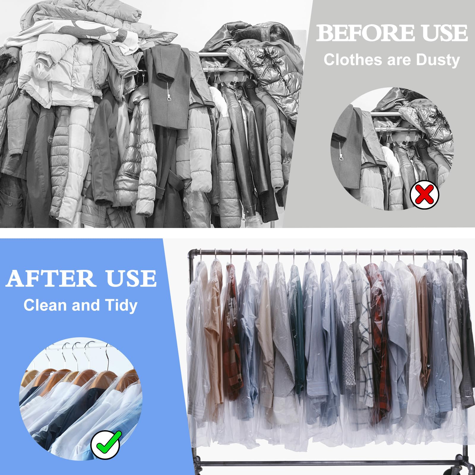 25 Pack Dry Cleaning Bags for Clothes, 60x120 cm Dry Cleaner Bags Plastic Clear, Dust-proof Plastic Garment Bags for Hanging Clothes, Home Storage, Travel, Moving