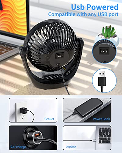 Aluan Desk Fan Small Table Fan with Strong Airflow Ultra Quiet Portable Fan Speed Adjustable Head 360°Rotatable Mini Personal Fan for Home Office Bedroom Table and Desktop, Black