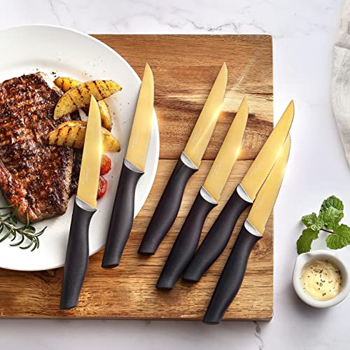 Marco Almond® KYA23 Golden Titanium Knife Set, Kitchen Cutlery Knives Set with Acrylic Stand, Knife Set for Kitchen with Block, For Home & Pro Use, Best Gift, 14 Pieces, Black