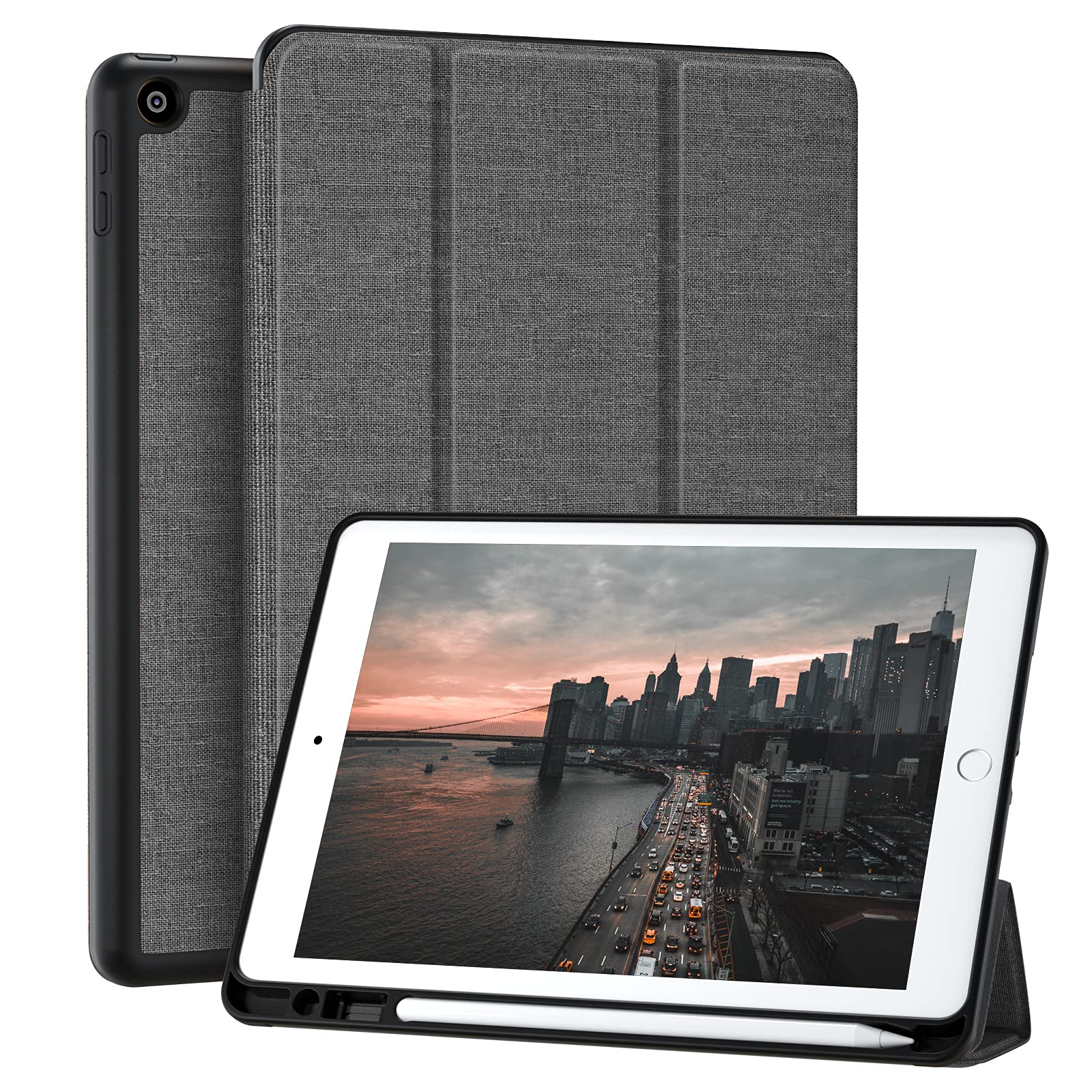 Mastten Case Compatible with iPad 9th/8th/7th Generation Case, iPad 10.2 Inch Case with Pencil Holder, TPU Smart Stand Back Case Cover for iPad Case 2021/2020/2019, Auto Wake/Sleep, Gray