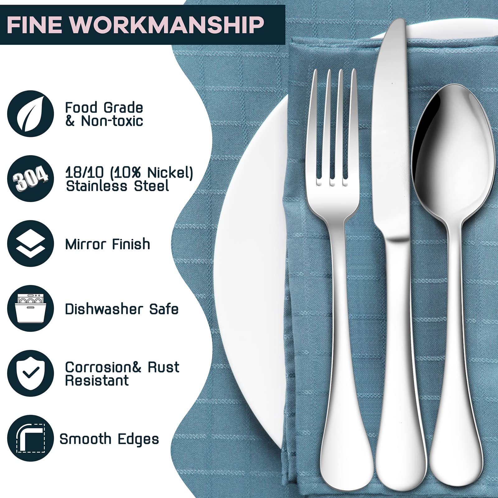 40-Piece Silverware Set for 8, E-far 18/10 Stainless Steel Flatware Cutlery Metal Eating Utensil Tableware Forks and Spoon Sets for Restaurant Wedding - Simple Fancy Style & Dishwasher Safe