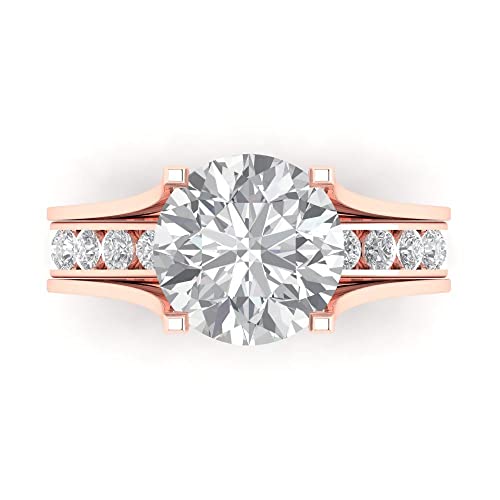 3.39 ct Round Cut Clear Simulated Diamond 14k Rose Gold Solitaire W/Accents Wedding Engagement Bridal Ring Band Set Sz 10.75