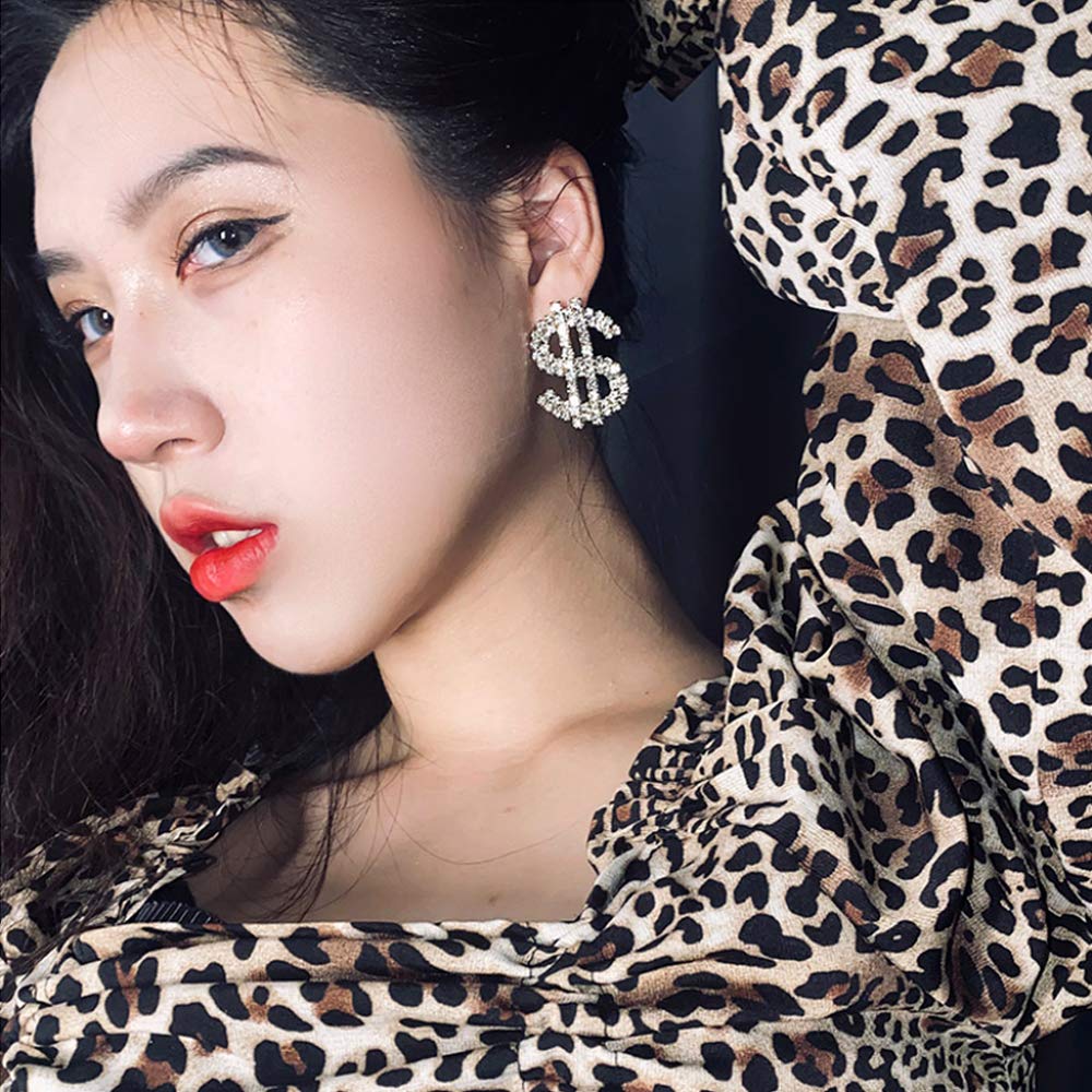 2 Pairs Crystal Dollar Sign Earrings for Women Money Dangle Earrings Gold and Silver KELMALL COLLECTION