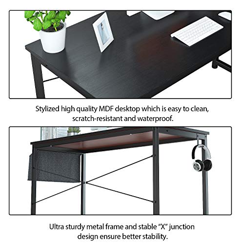 Foxemart Computer Desk 47" Office Desks Writing Study Desk Modern Simple PC Laptop Notebook Table with Storage Bag and Iron Hook for Home Office Workstation, Black