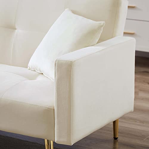 73" Velvet Convertible Futon Sofa Bed with 2 Pillows, Modern Couch Loveseat Sofa with 3 Adjustable Backrest Angles, Folding Accent Sofa Sleeper Recliner for Apartment Living Room Bedroom (Cream White)