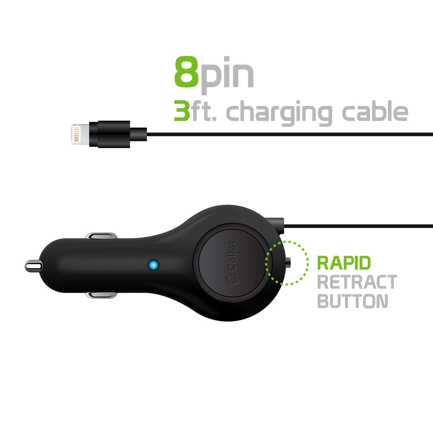 Cellet Retractable iPhone Car Charger with Lighting Cable (Apple MFI Certified) 10-Watt Compatible with iPhone 14 Pro Max Plus Mini SE 13 12 11 Xr Xs X 8 7 6 5 iPad, iPad Pro, iPad Air, iPad Mini