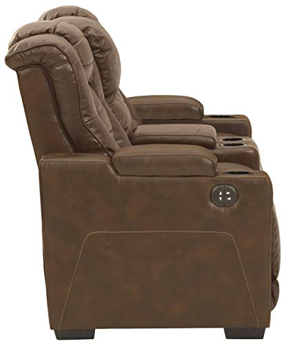 Signature Design by Ashley Owner's Box Faux Leather Power Reclining Loveseat with Center Console, Brown