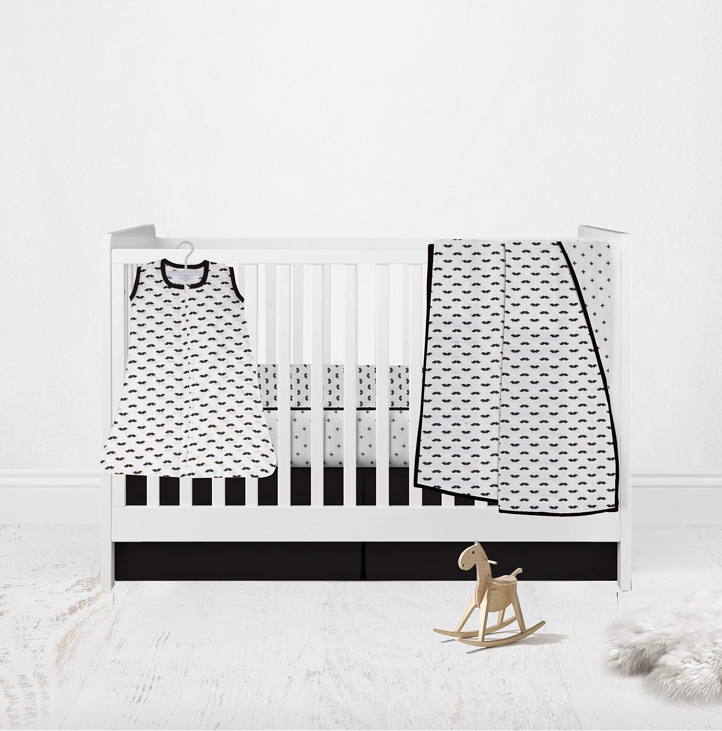 Bacati Love Muslin 3pc Crib Set with 4 Muslin Layers Lux Dream Blanket (Mustache/Plus/Cross, Black)