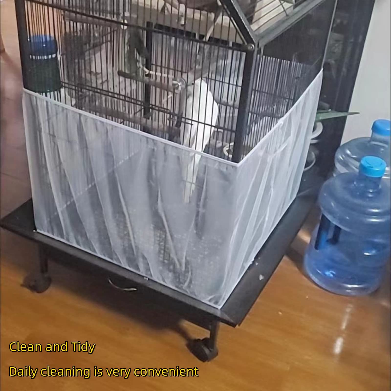 2 Pieces Bird Cage Seed Catcher, Universal Nylon Mesh Bird Cage Cover, Airy Cage Net Stretchy Skirt for Parakeet Parrot Macaw African Round Square Cage, Prevent Scatter and Mess (Black+White, M)