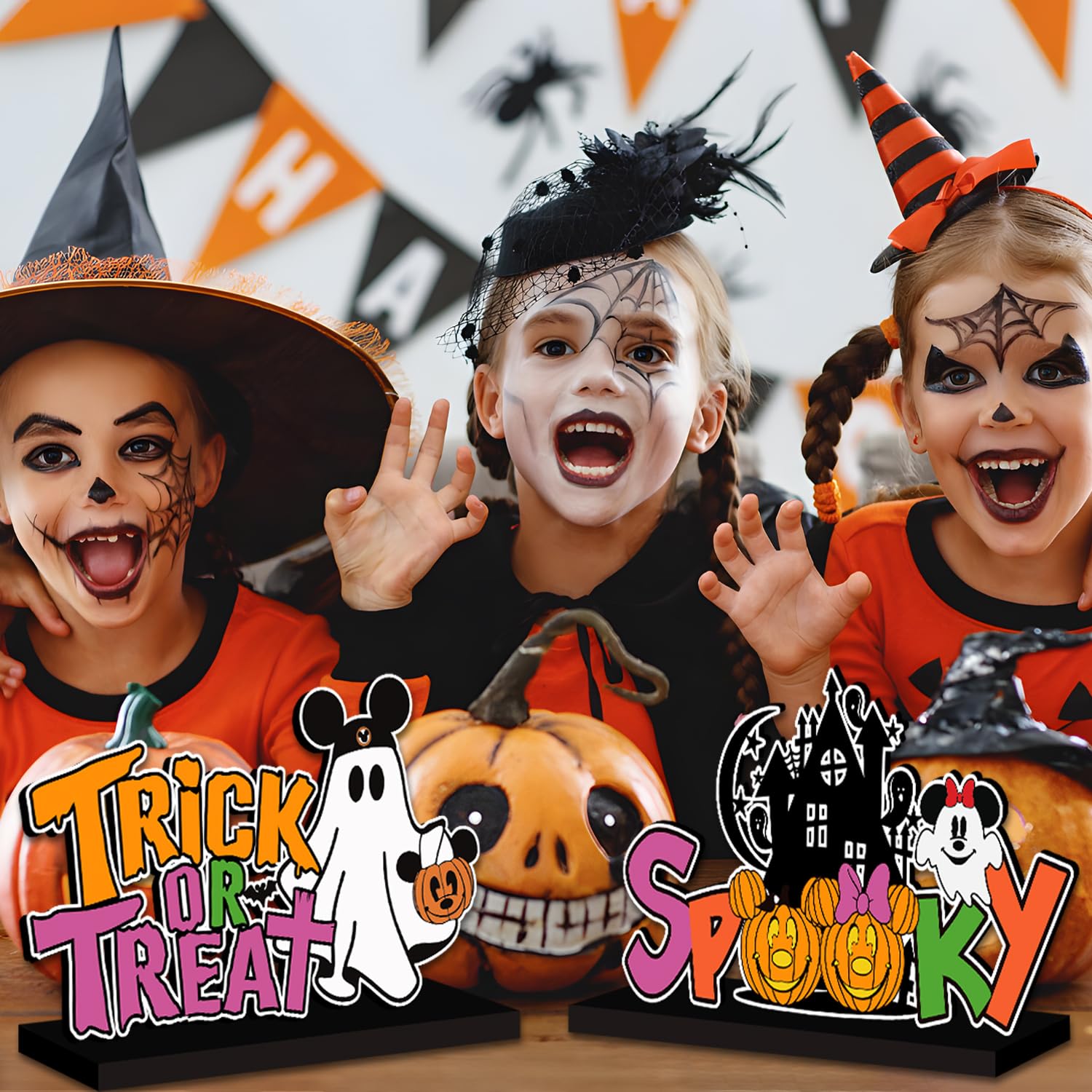 4Pcs Mouse Halloween Decorations Wooden Table Centerpieces, Happy Halloween Table Decorations Halloween Mouse Theme Tiered Tray Decor for Halloween Party Decorations