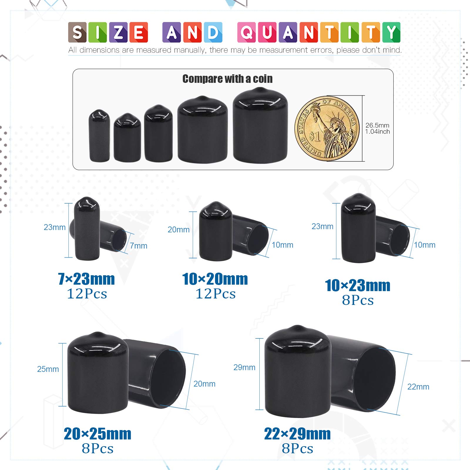 Glarks 48Pcs 1/4'' 3/8'' 1/2'' 3/4'' 7/8'' ID Black Rubber Thread Protector Covers Assortment Kit Vinyl Tube End Caps Round End Flexible Caps Set for Protecting Furniture Feet Tube and Screw