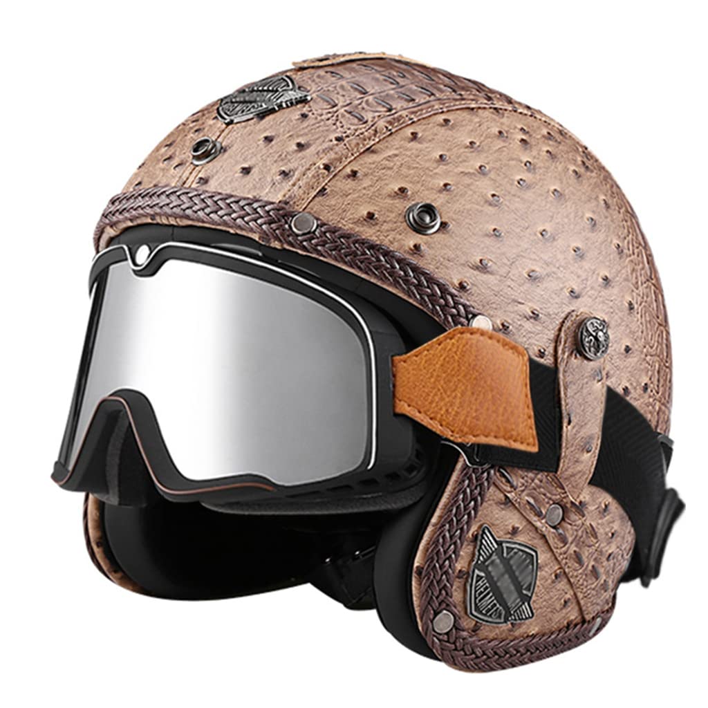3/4 Retro Leather Motorcycle Half Helmets, Vintage Motorcycle Helmet with Safety Goggles, Men Women Open Face Moped Helmets Jet Motorbikes Crash Helmet for Four Seasons, DOT/ECE Certified -F-L