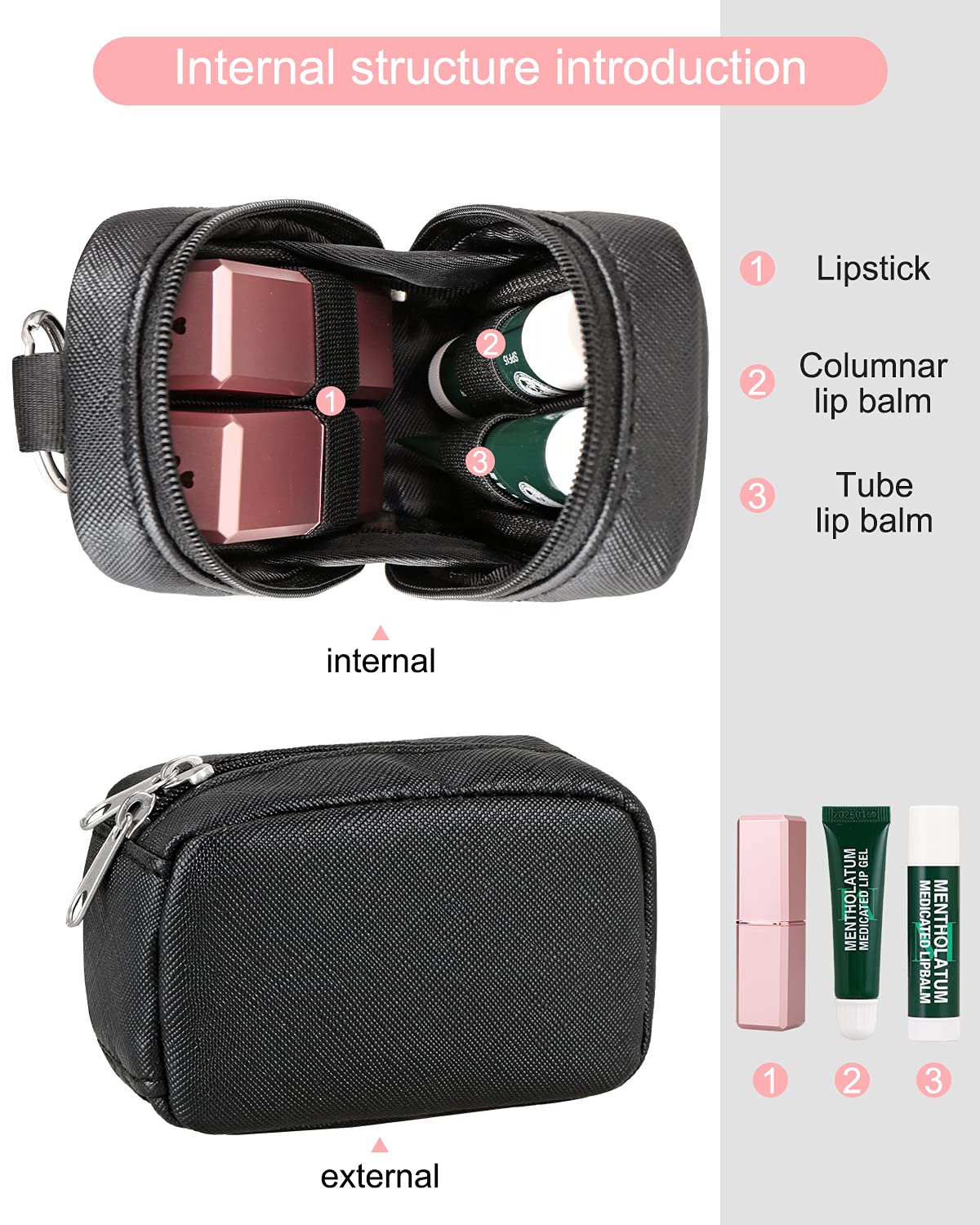 Meiiy Chapstick Holder Bag Small Lip Balm Sleeve Pouch Lipstick Portable Storage Bag Lip Gloss Case With Hook Accessories Gift for Women (balck)