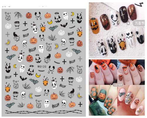 8 Sheets Halloween Nail Art Stickers Decals Self-Adhesive Pegatinas Uñas Cute Ghost Pumpkins Skull Spider Web Nail Supplies Nail Art Design Decoration Accessories