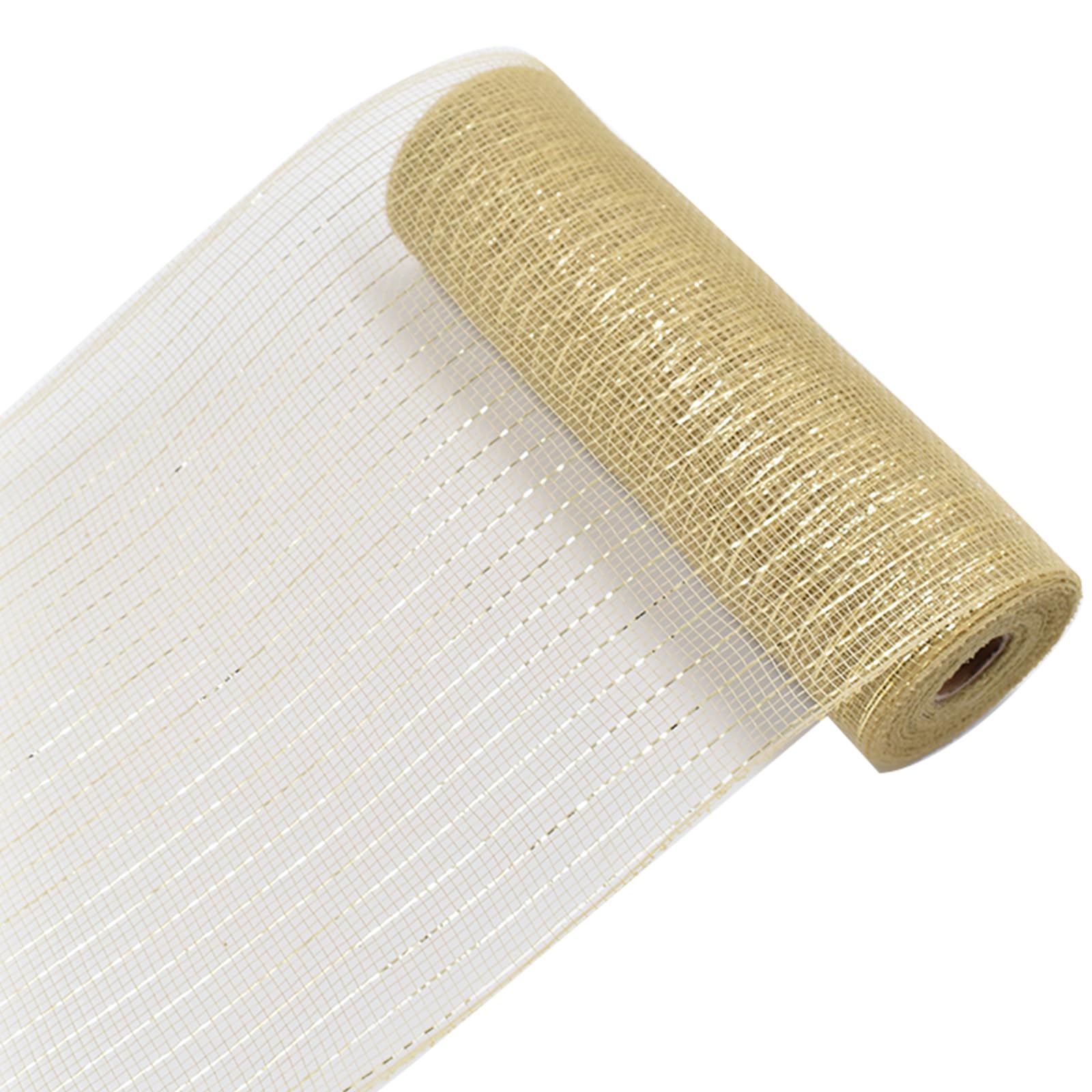 3 Pack Poly Deco Mesh 10 inch x 30 feet Each Roll, Natural with Gold Foil Metallic Mesh Ribbon for DIY Wreath Supplies,Christmas Tree Decoration,Swags Crafts