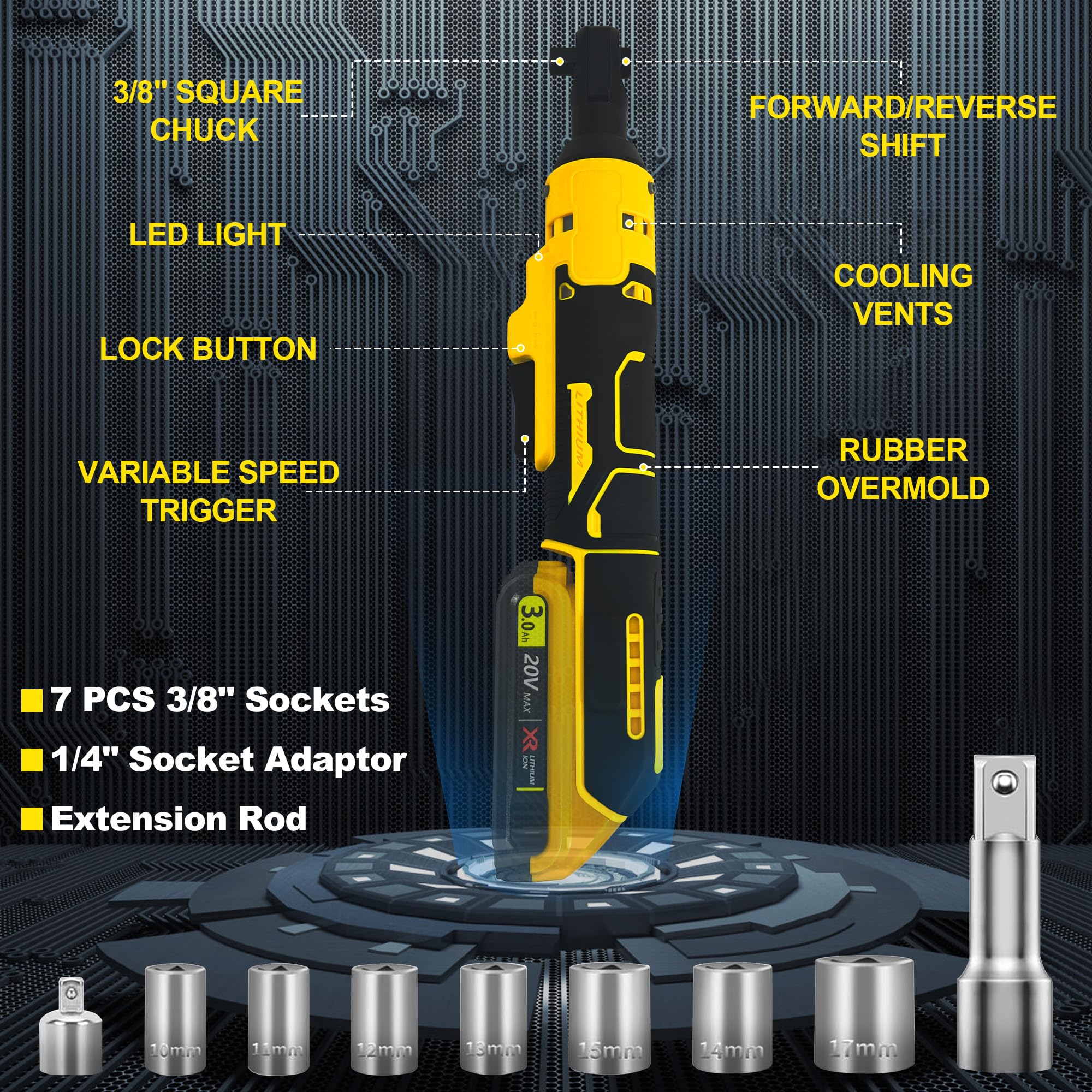 3/8" Cordless Ratchet Wrench Compatible with DEWALT 20V Battery, Electric Power Ratchet, Variable Speed Trigger, 45 Ft-lbs 400 RPM Wrench Tool, 7 Sockets, 1/4" Adapter & 3" Extension Bar (Tool Only)