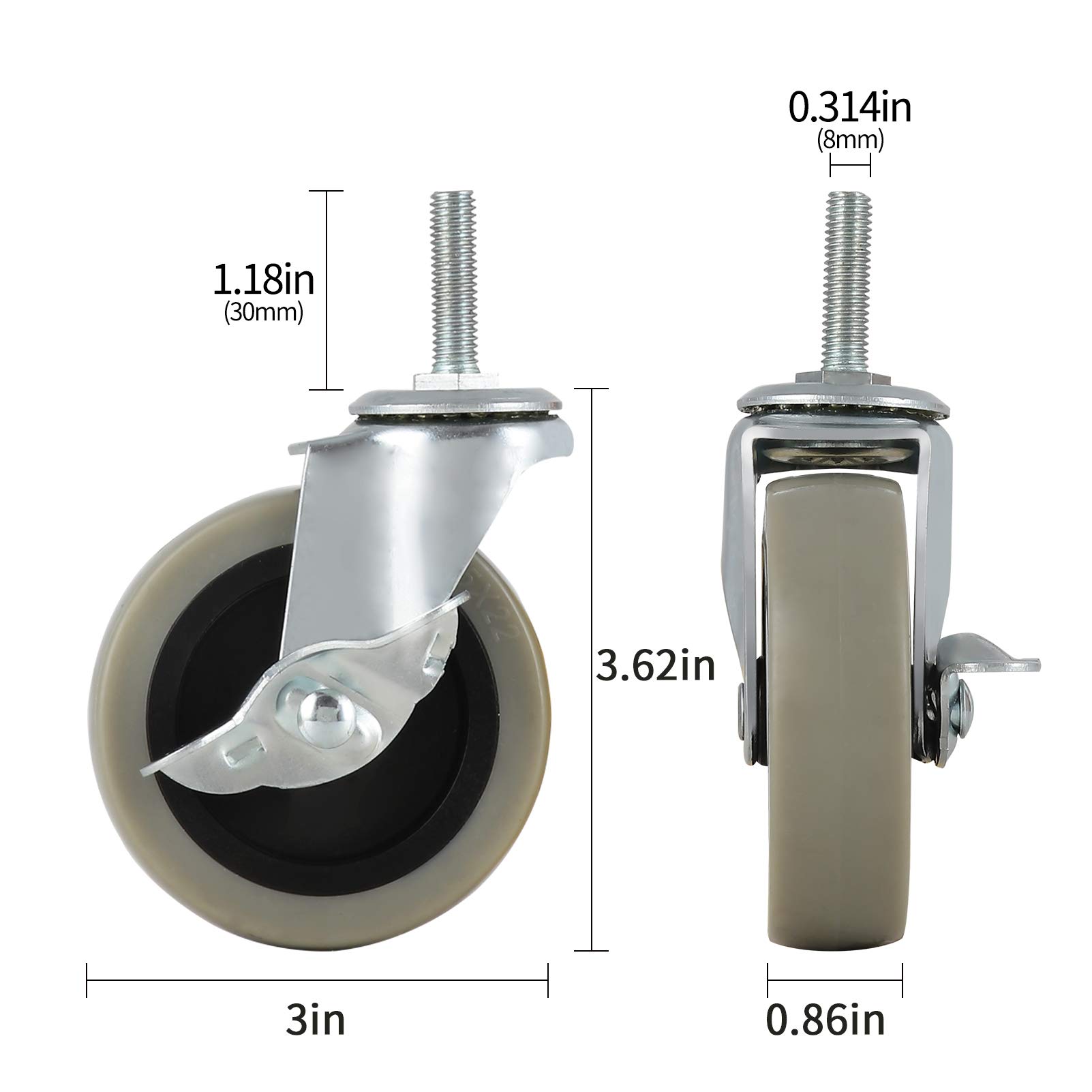 3in Rubber Caster Wheels Set of 4 Heavy Duty Casters Wheels, M8-1.25'' Threaded Stem Mount Industrial Castors Locking Metal Caster Wheels Replacement for Furniture, Dolly, Workbench, Trolley