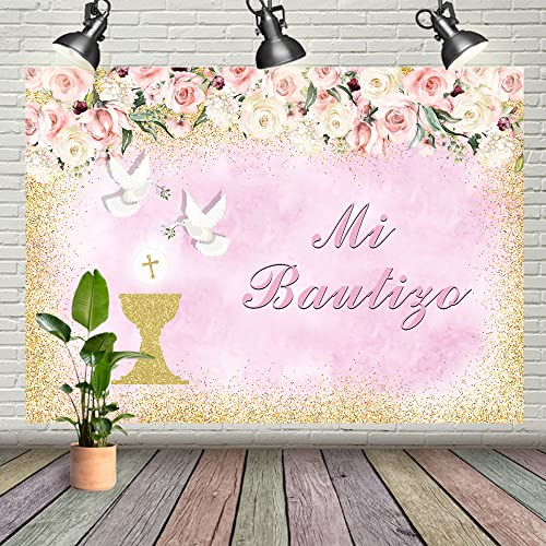 7x5ft Mi Bautizo Backdrop for Girl Baptism Gold Bless Background Pink Flower Golden Dots Photography Baby Shower Banner Party Decorations Floral Newborn Baby Shower Photo Booth Props