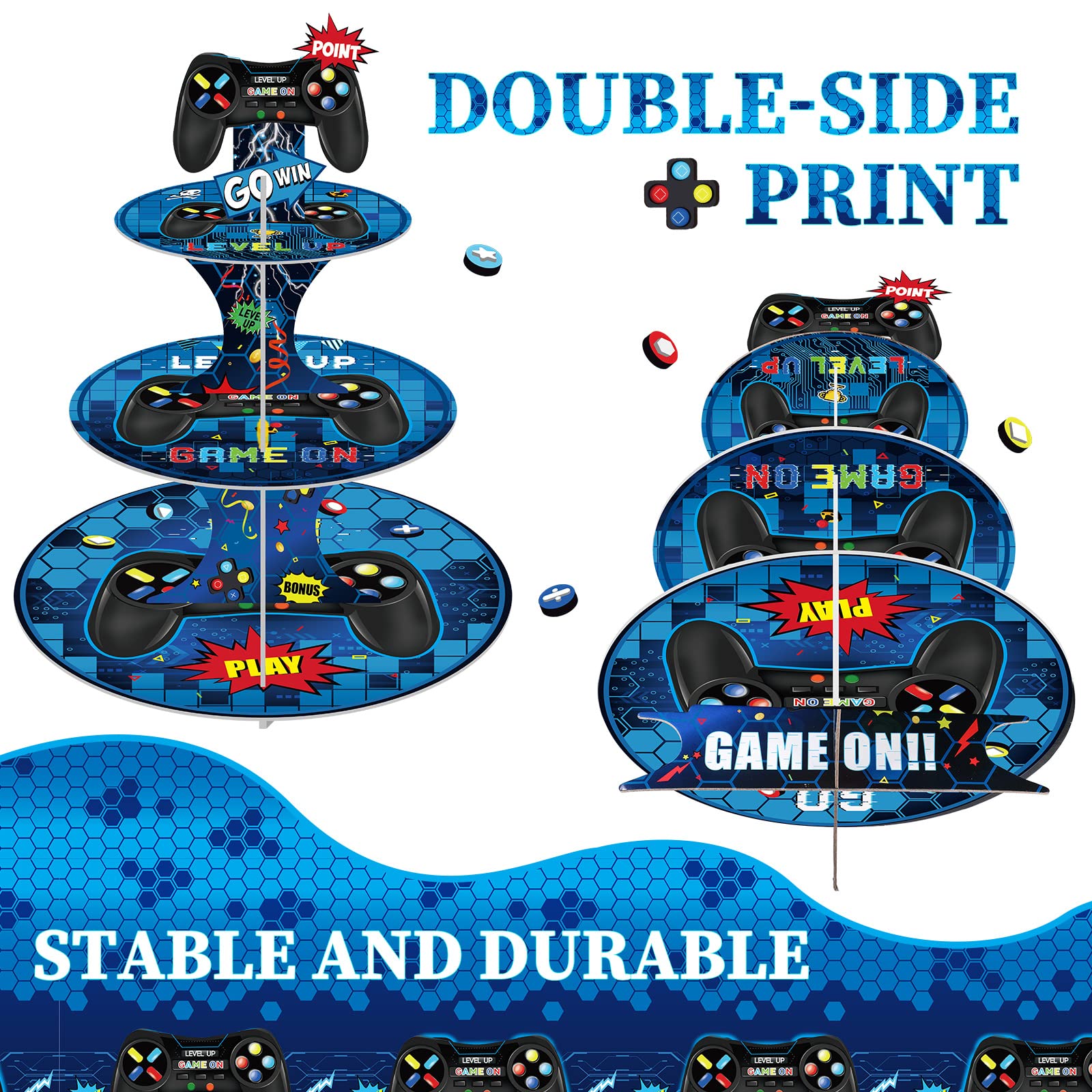 3-Tier Video Game Cupcake Stand Reusable Mini Game Theme Cake Stand Cardboard Gamer Cupcake Holder Stand for Birthday Theme Party Supplies Dessert Stand (Blue, Classic Style)