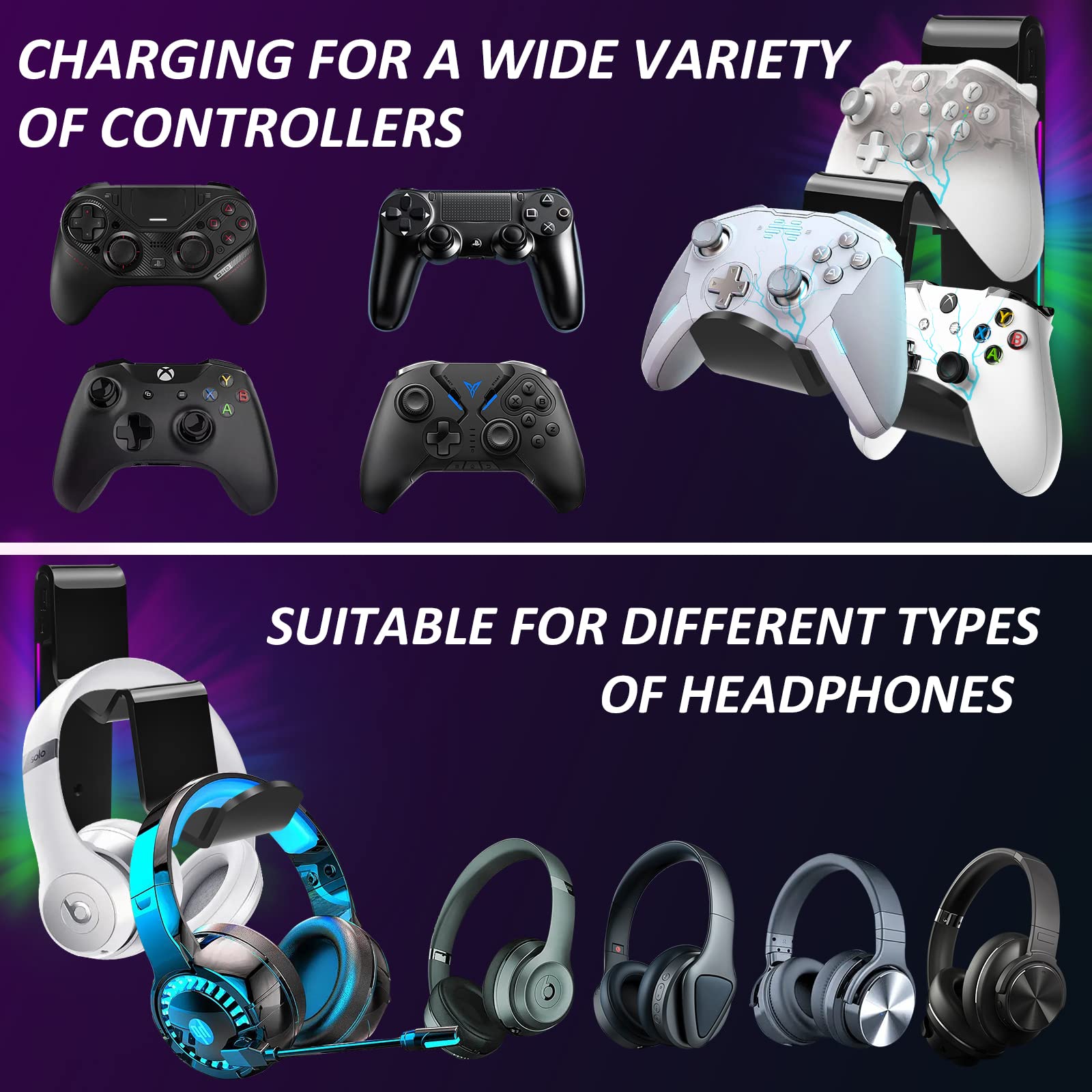 3in1 RGB PS4 Xbox Controller Charger Dock Station Headset LED Wall Mount Holder With USB Charging Ports for Playstation 3 4 5 PS5 Controllers Xbox ONE Series X Switch Steam Deck