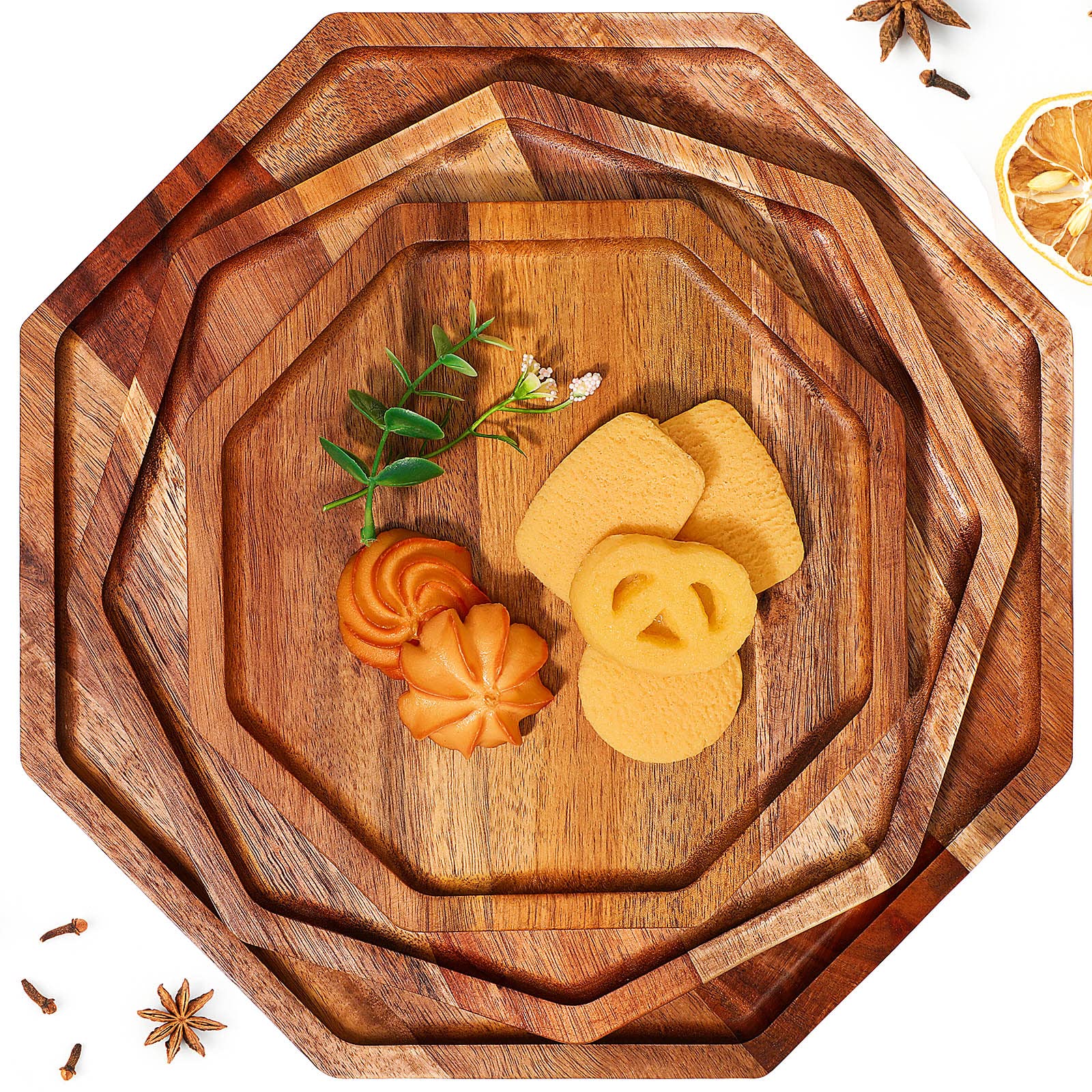 3 Pieces Acacia Wood Serving Tray Wooden Octagon Bread Fruit Platter Large Decorative Plates Charcuterie Cheese Platter Board Vegetable Food Dish for Salad Pizza Cupcakes (12 Inch, 10 Inch, 8 Inch)