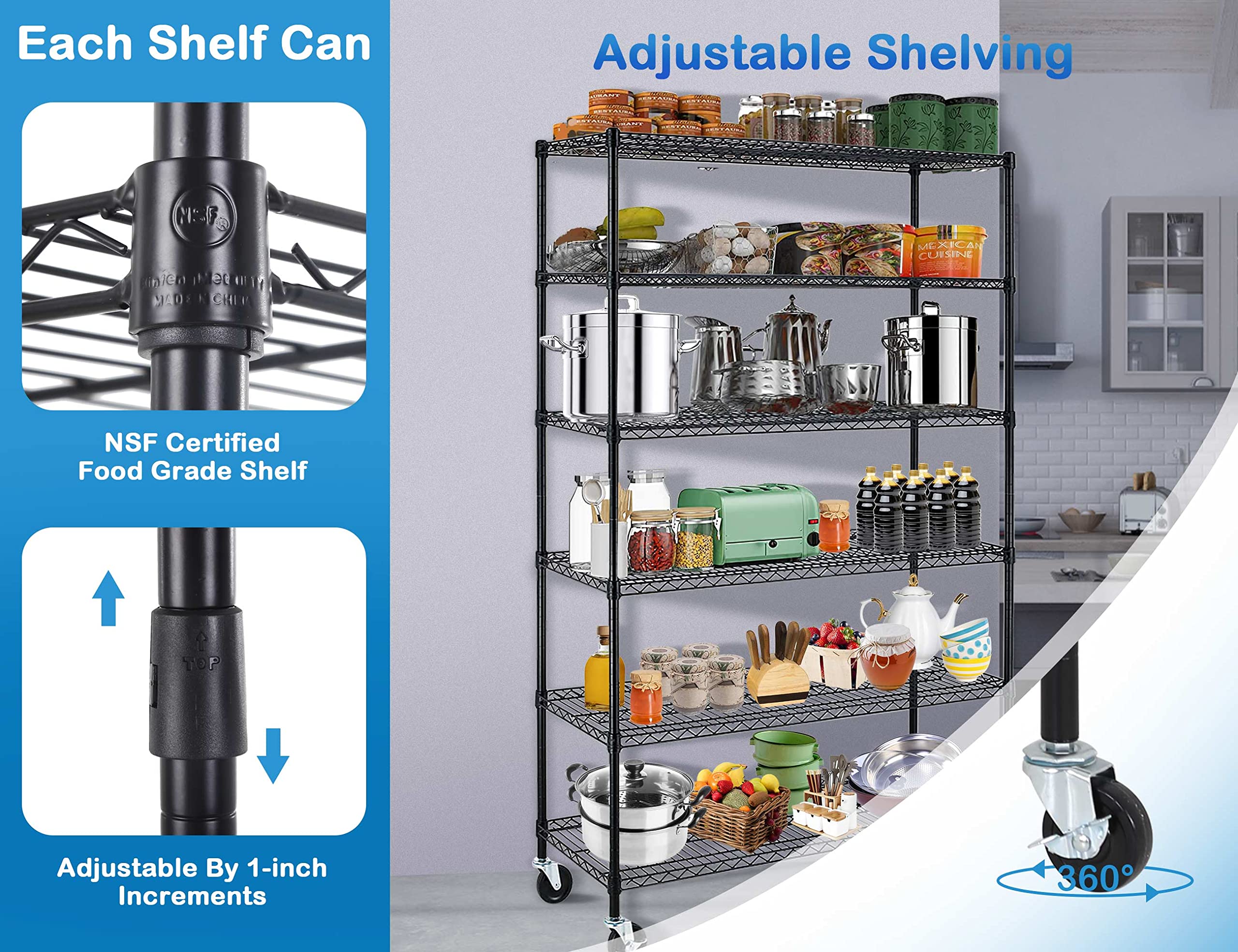 6000Lbs Capacity Storage Shelves, 6 Tier NSF Certified Heavy Duty Wire Shelving with Wheels, 48"Lx18"Wx78"H Adjustable Metal Shelving for Restaurant Pantry Kitchen, Storage Rack Utility Shelf