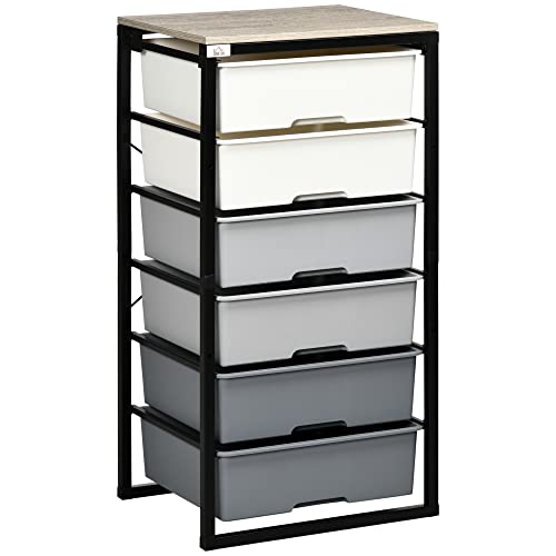 HOMCOM Dresser Storage Drawers with 6 Plastic Bins and Steel Frame, Crafting Bins for Living Room, Bedroom, Grey